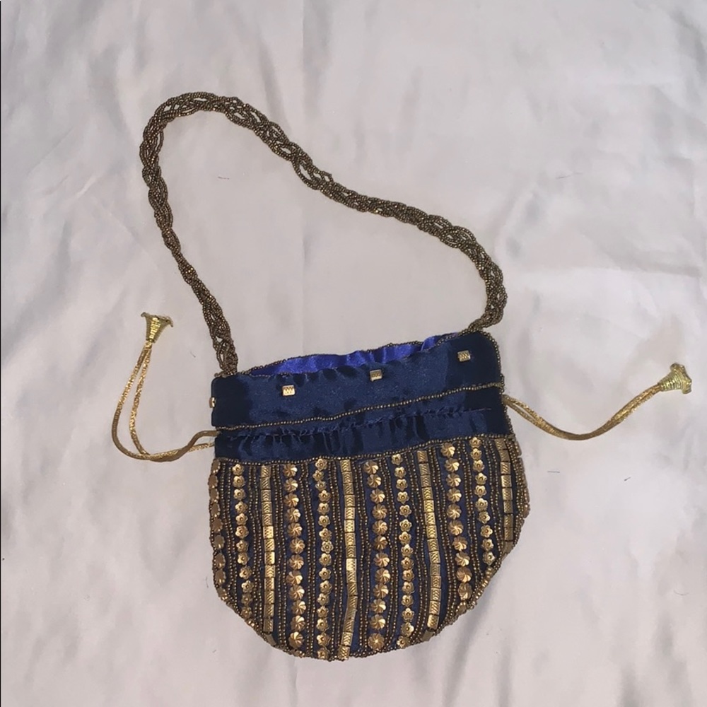 Royal Blue And Gold Beaded Potli (Pouch) Purse - Gem